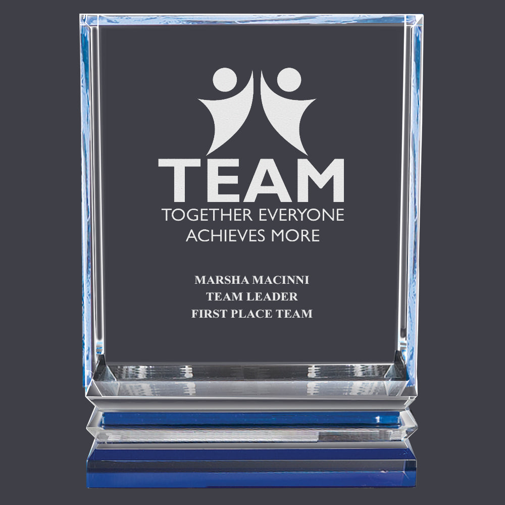 Engraved Acrylic Award Trophy w/ Blue Reflective Base | Teamwork